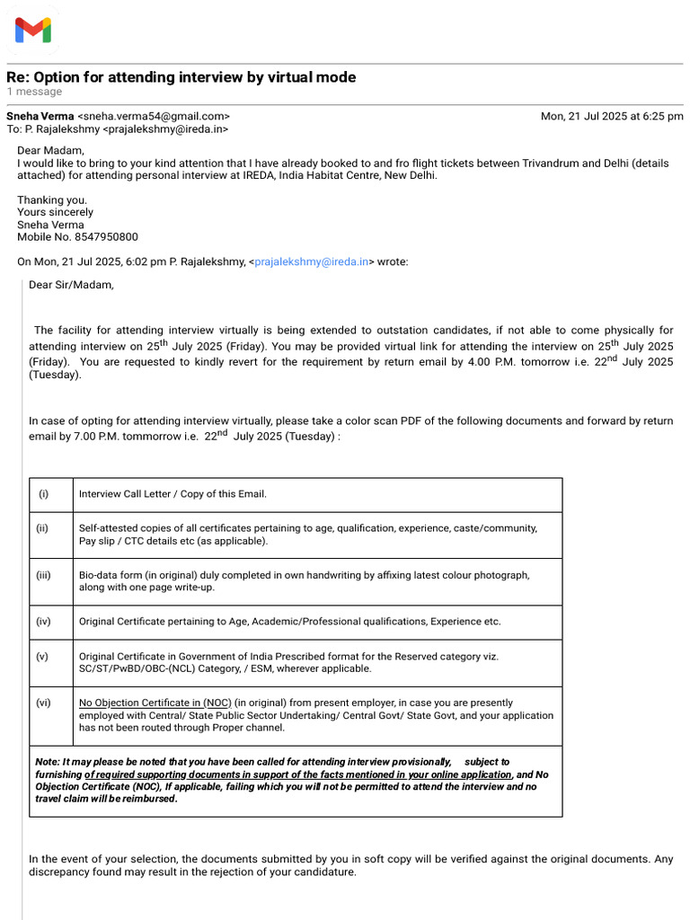 Gmail - Re - Option For Attending Interview by Virtual Mode | PDF