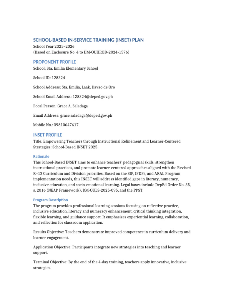 School-Based INSET Plan 2025 | PDF | Inclusion (Education) | Learning