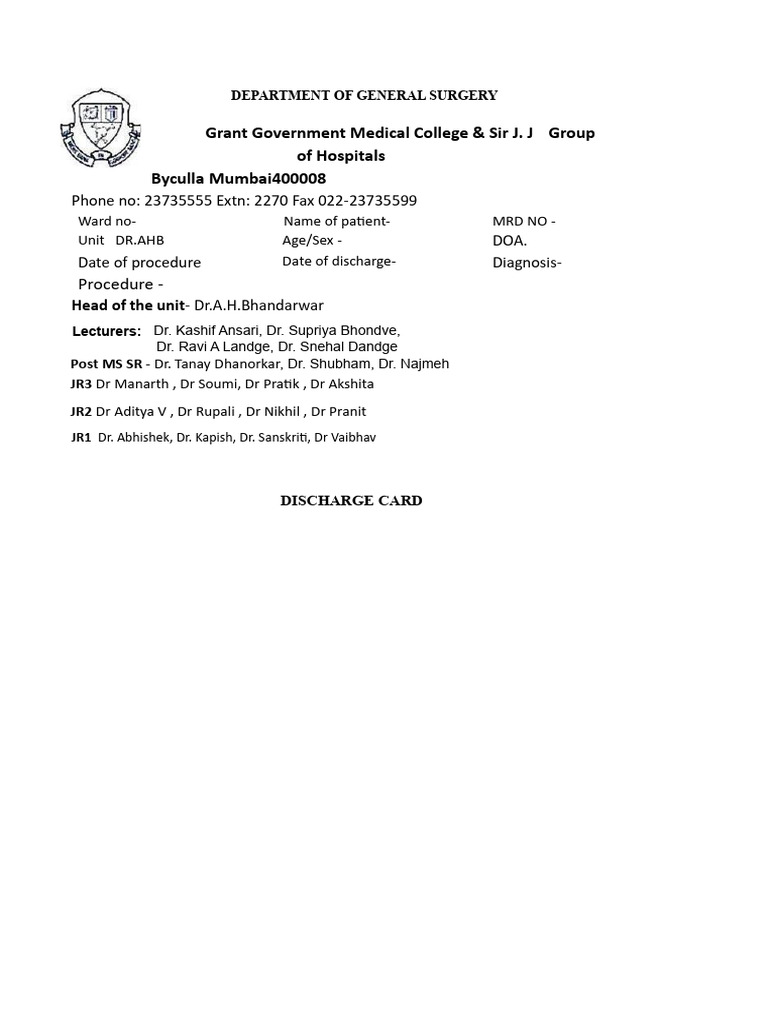 General Surgery Discharge Card Template | PDF
