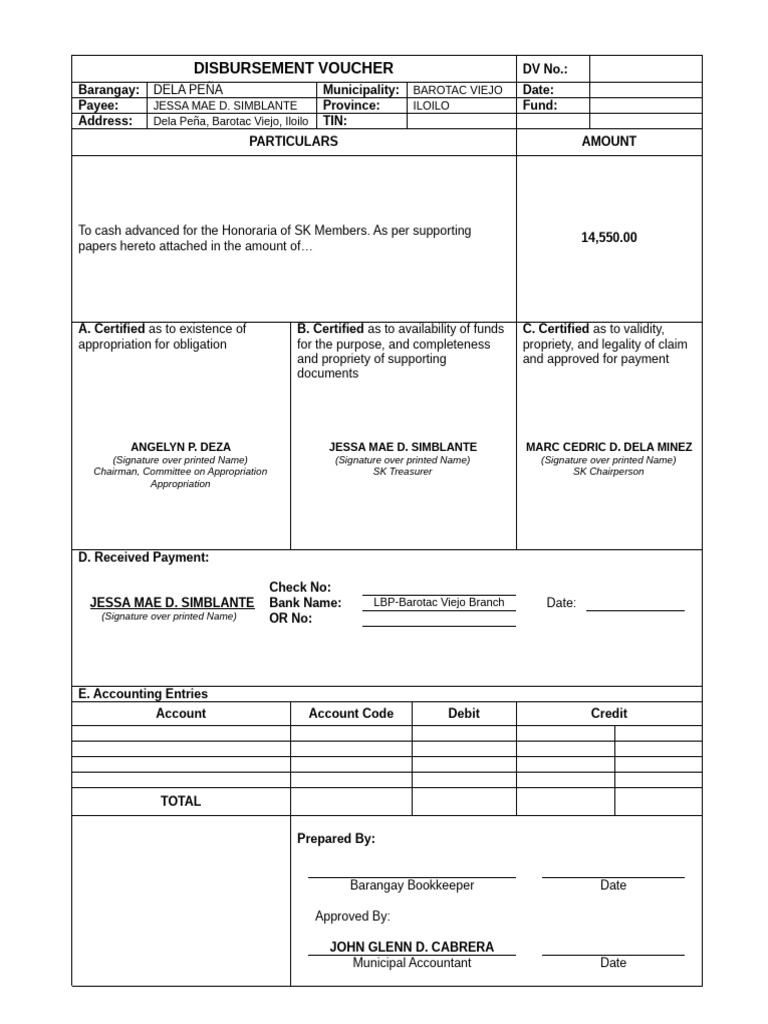 Disbursement Voucher for SK Honoraria | PDF