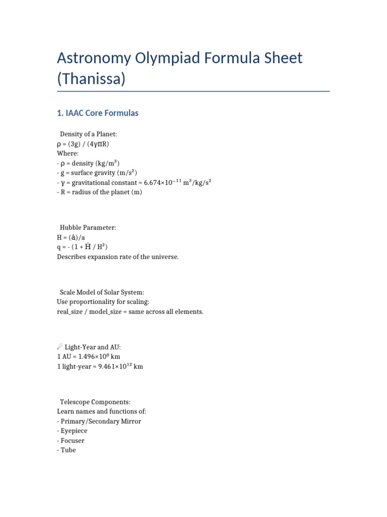 Astronomy Olympiad Formula Overview | PDF