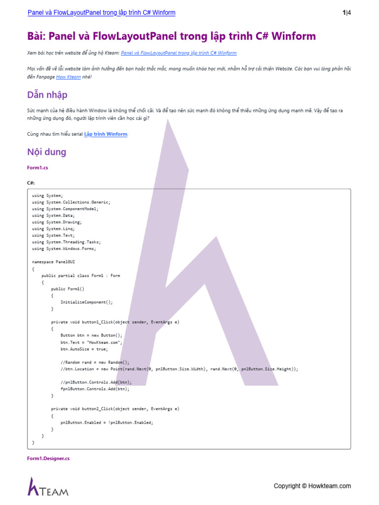 HOWKTEAM.vn - Panel Và FlowLayoutPanel Trong Lập Trình C# Winform | PDF
