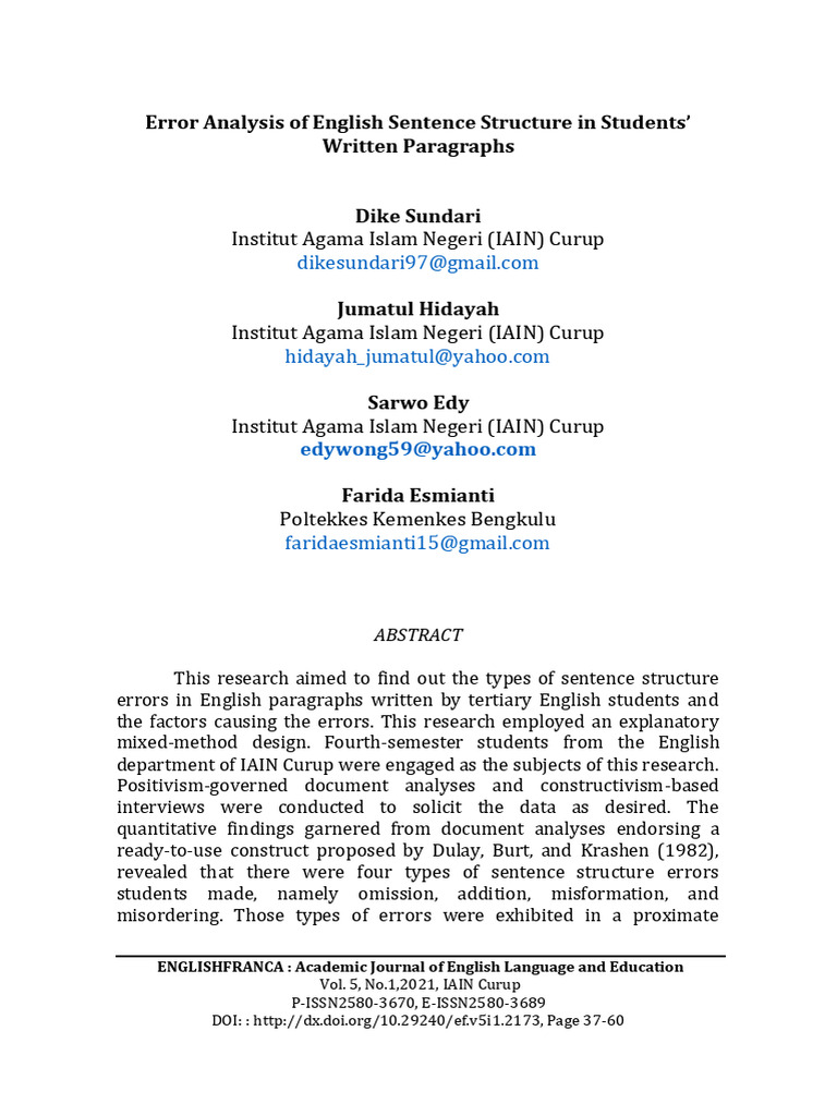 Error Analysis of English Sentence Structure in Students 50vqi3abzh ...