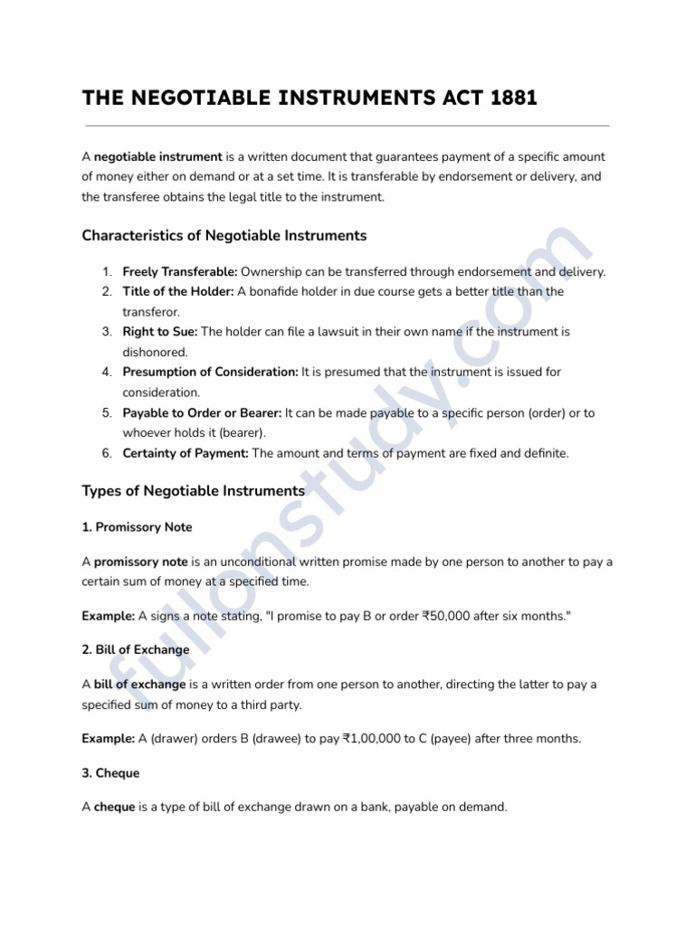 Overview of Negotiable Instruments Act | PDF | Negotiable Instrument ...