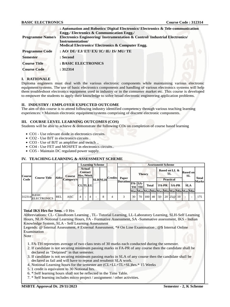 BASIC ELECTRONICS (K Scheme Syllabus) | PDF | Bipolar Junction Transistor | Rectifier