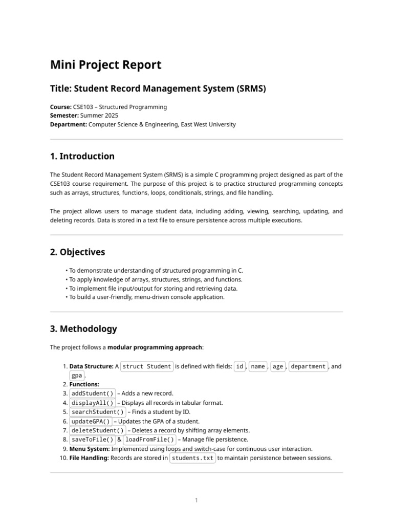 Mini Project Report - Student Record Management System | PDF | Computer Programming | Computer File