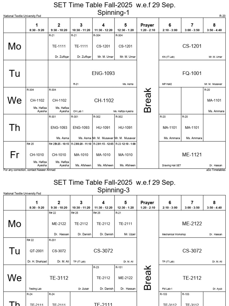 SET Time Table (Classes Wise) Fall-25 W.E.F 29 Sept, 2025 | PDF