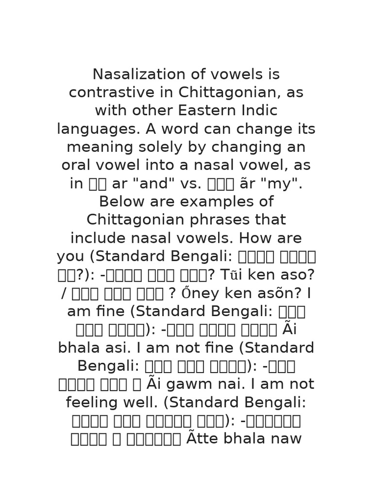 Nasalization of Vowels Is Contrastive in Chittagonian | PDF