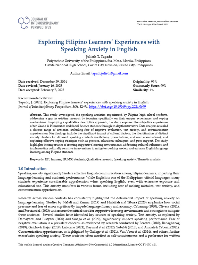 Filipino Learners' Speaking Anxiety Insights | PDF | Anxiety | Fear