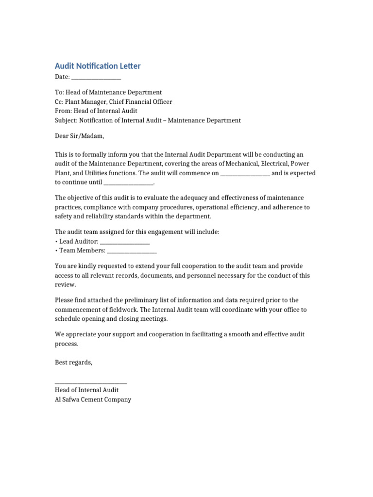 Internal Audit Notification for Maintenance | PDF