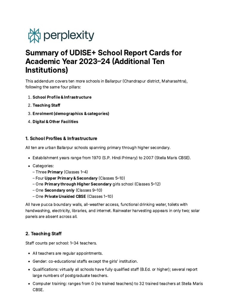 Summary of UDISE+ School Report Cards For Academic | PDF