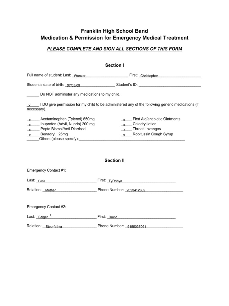 Franklin High School Band Medical Form | PDF | Health Care | Pharmacology