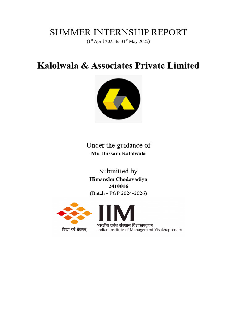 SUMMER INTERNSHIP REPORT - Himanshu Chodavadiya - 2410016 | PDF | Project Management | Goal