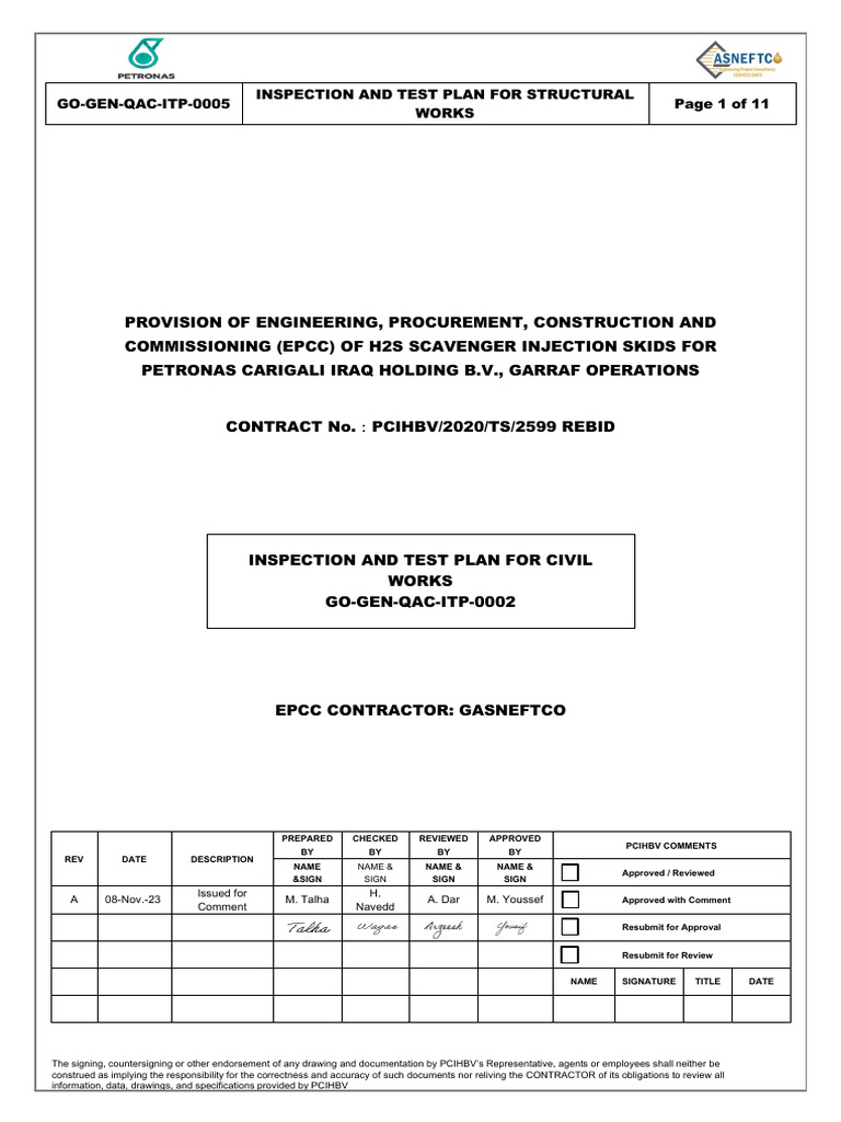 Go Gen Qac Itp 0005 - A - Itp For Structural Work | PDF | Quality Assurance | Specification ...