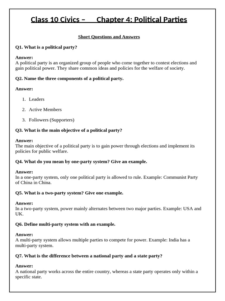 Class 10 Civics (CH 4 Political Parties) | PDF | Political Parties ...