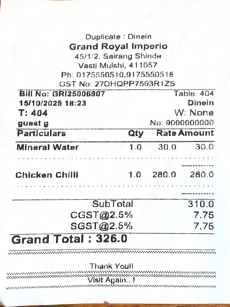 Dinner Bills Day 1 & 2 | PDF