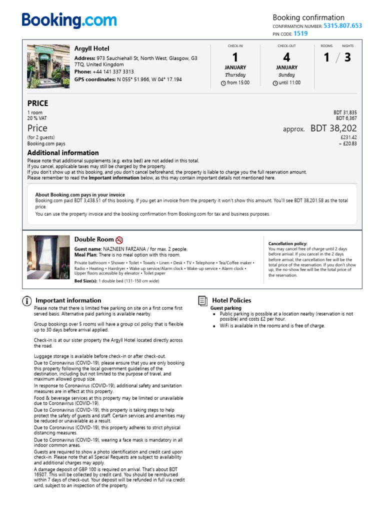 Argyll Hotel Booking Confirmation | PDF | Booking.Com