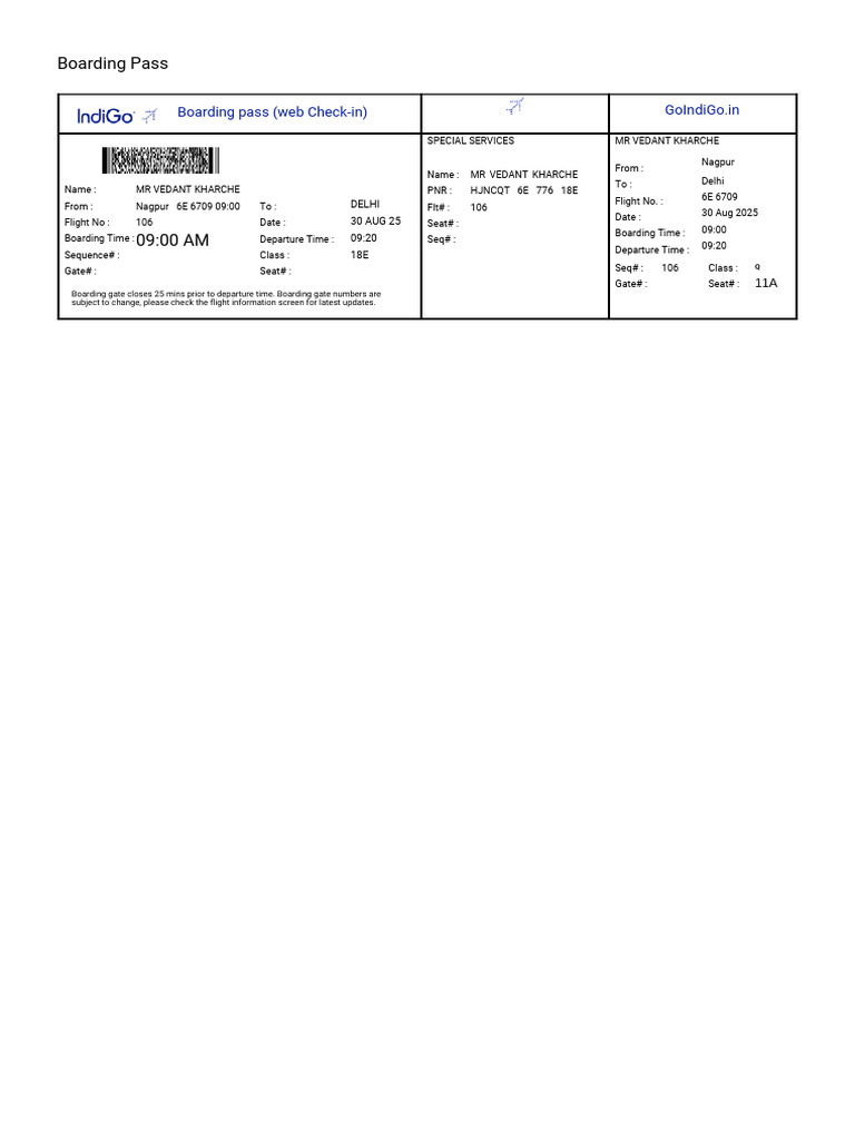 Indigo Boarding Pass Sample PDF | PDF