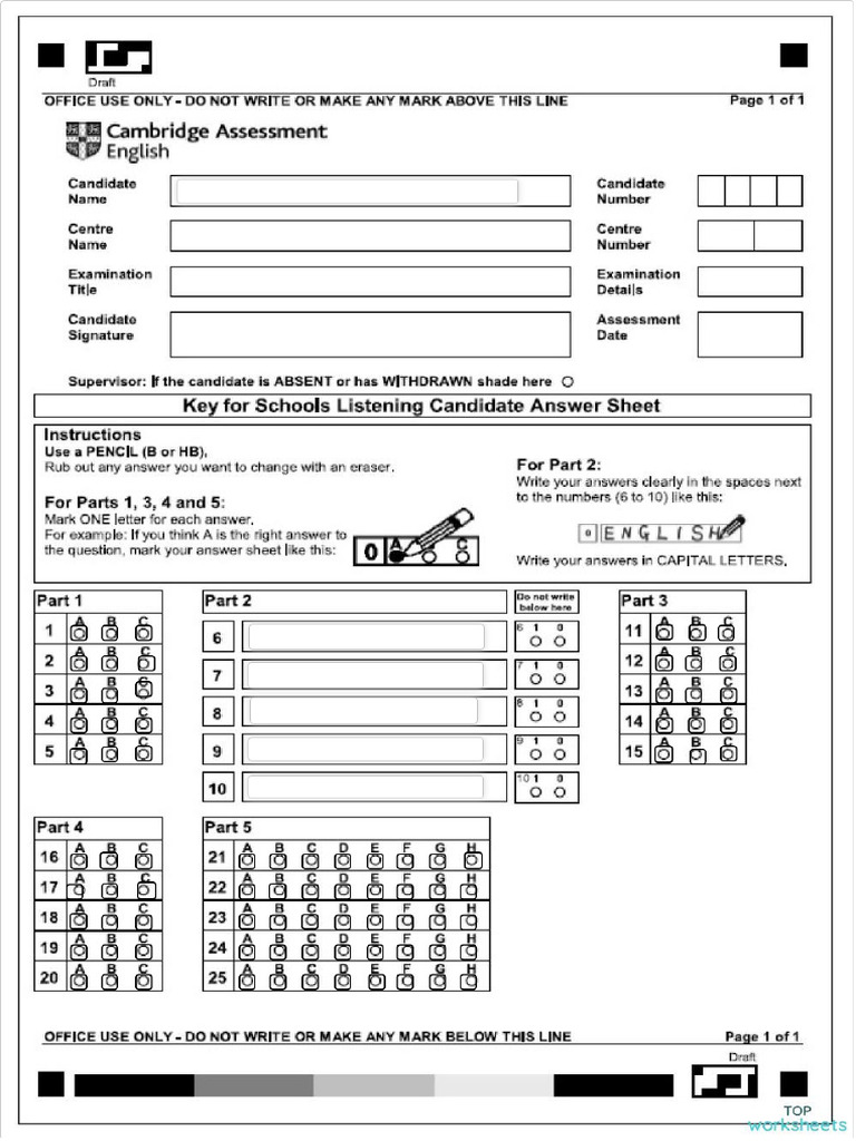 A2 Key For School Listening Answer Sheet | PDF
