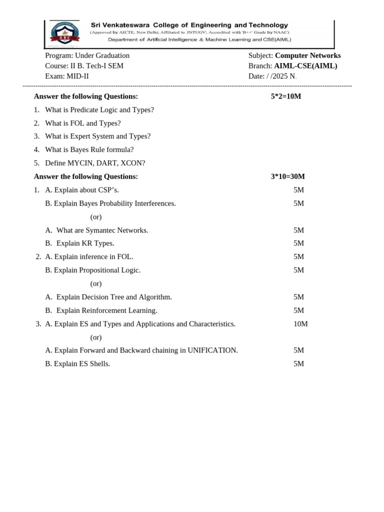Computer Networks Mid-II Exam Questions | PDF | Logic | Mathematics