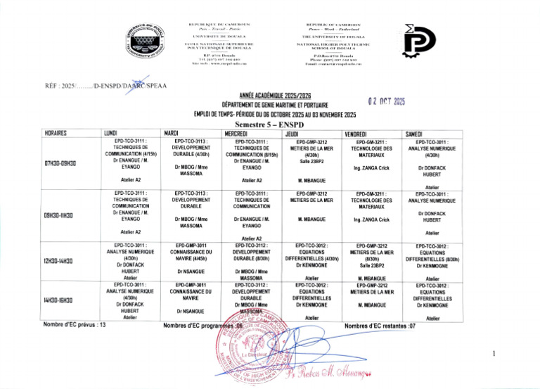 Horaires des cours - Dr Donfack 2025 | PDF