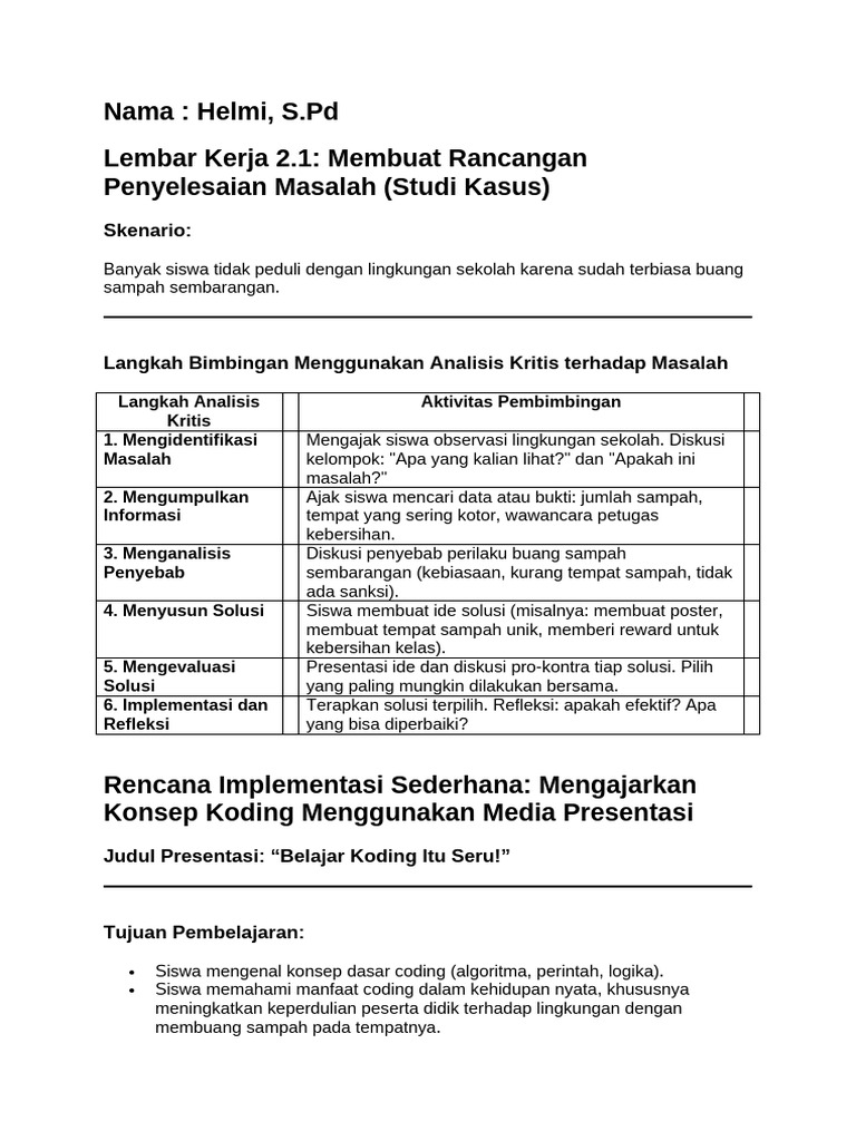 LK2.1 Membuat Rancangan Penyelesaian Masalah (Studi Kasus) | PDF