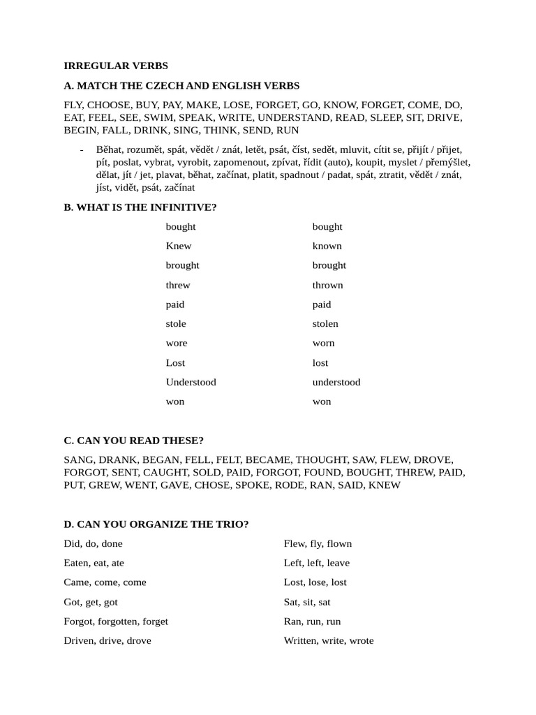 Irregular Verbs Starter | PDF