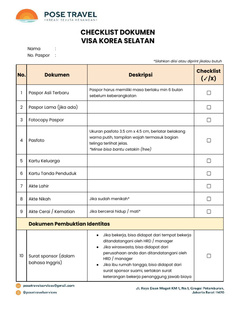 Checklist Dokumen Visa Korea Selatan | PDF