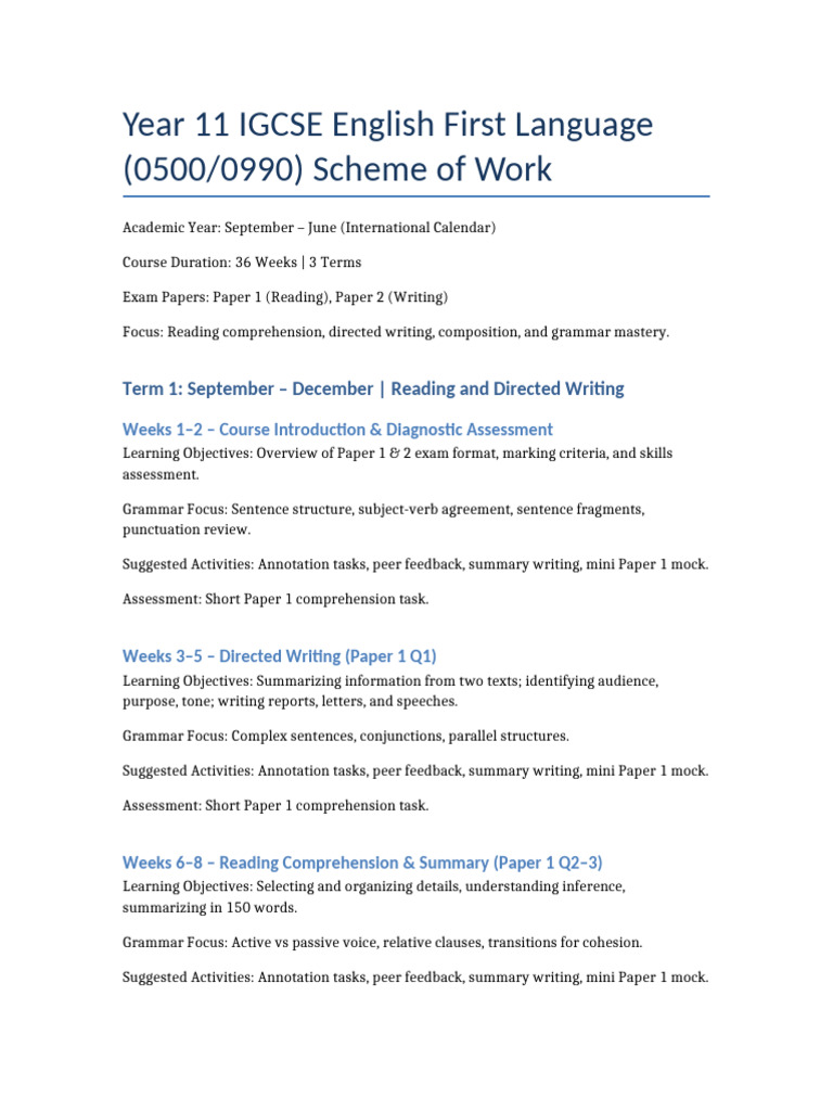 Year 11 IGCSE English Scheme of Work | PDF | Reading Comprehension | Verb