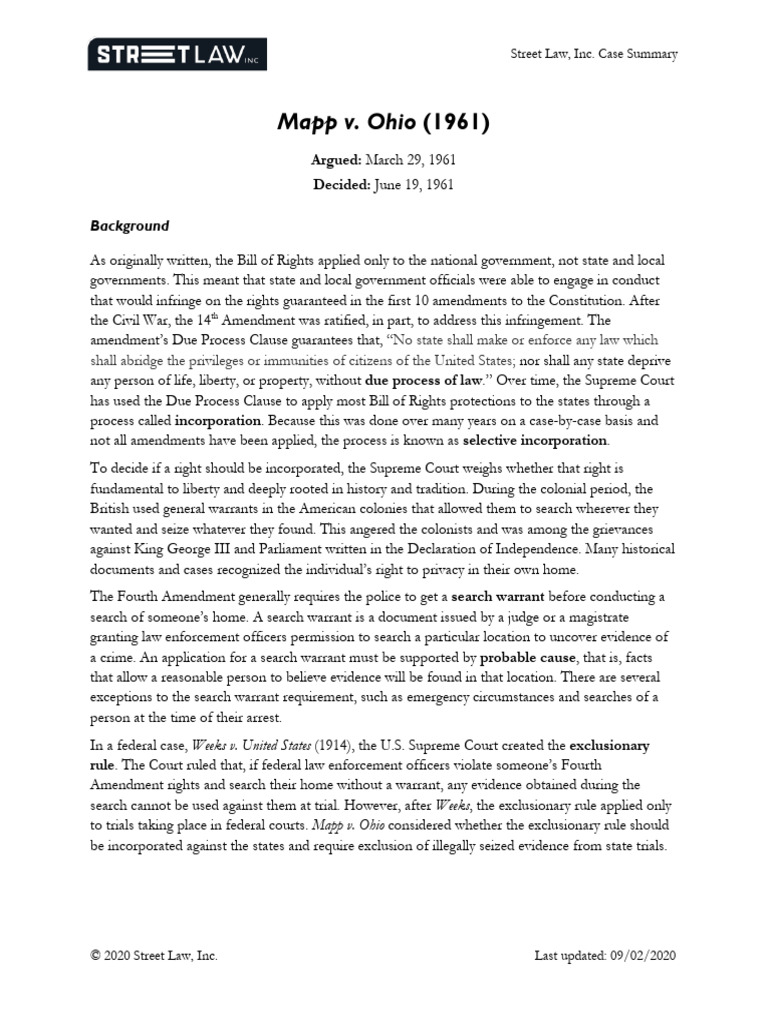 Mapp v. Ohio Case Summary Analysis | PDF | Exclusionary Rule | Search ...