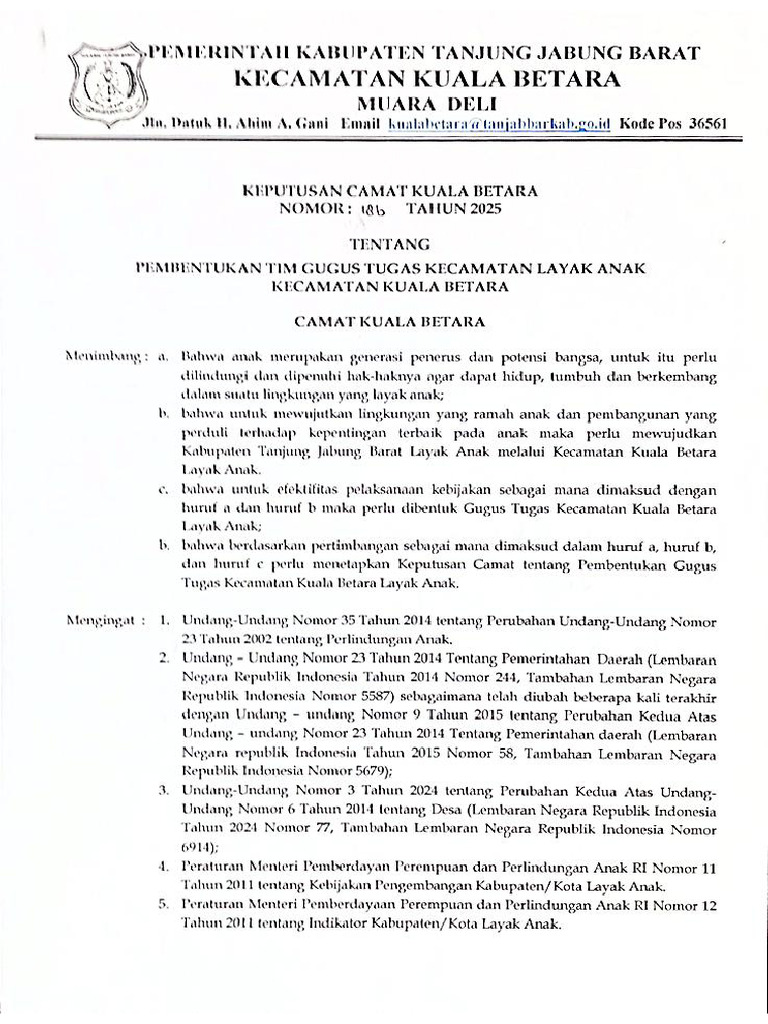SK Tim Gugus Tugas Kecamatan Layak Anak Kube 2025 | PDF