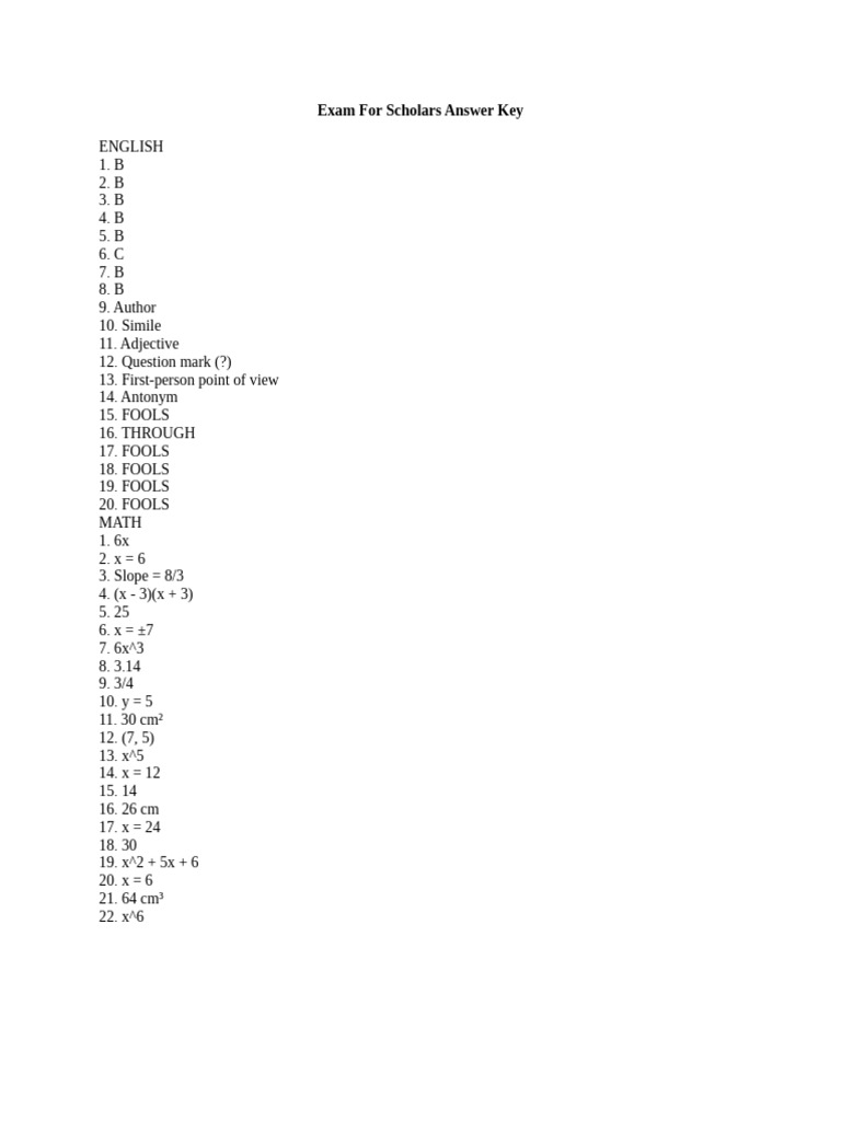 Exam For Scholars Answer Key | PDF