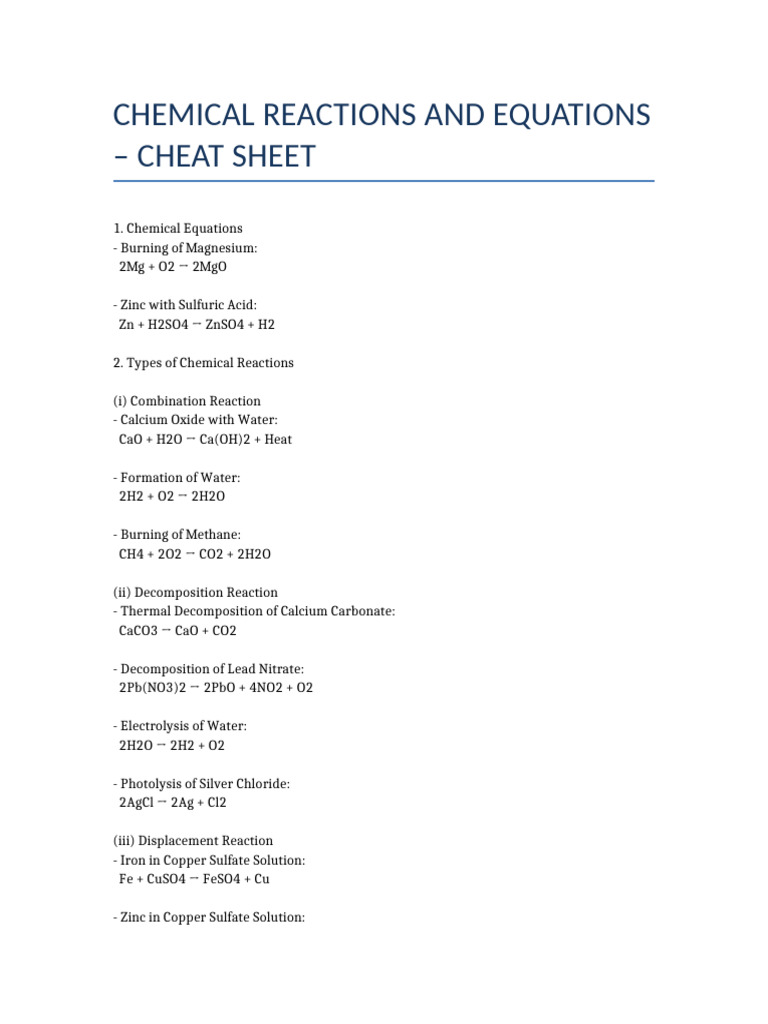 Chemical Reactions Cheat Sheet Guide | PDF