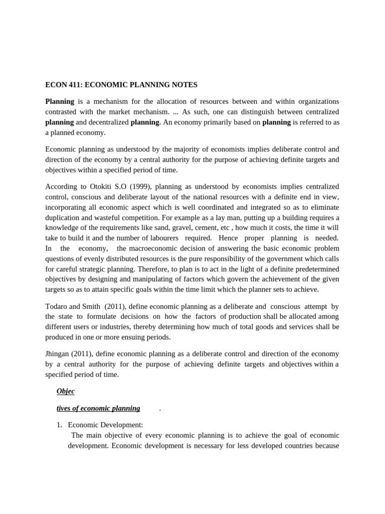 Econ 411 ECONOMIC PLANNING | PDF | Economics | Economic Growth