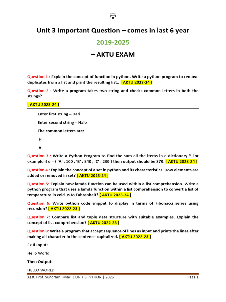Unit 3 AKTU Important Question | PDF | Python (Programming Language) | Function (Mathematics)