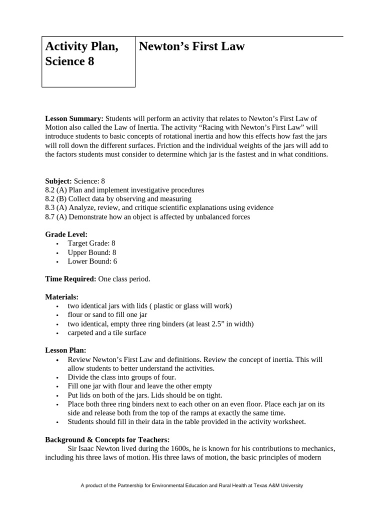 Newton's First Law Activity Plan | PDF | Inertia | Force