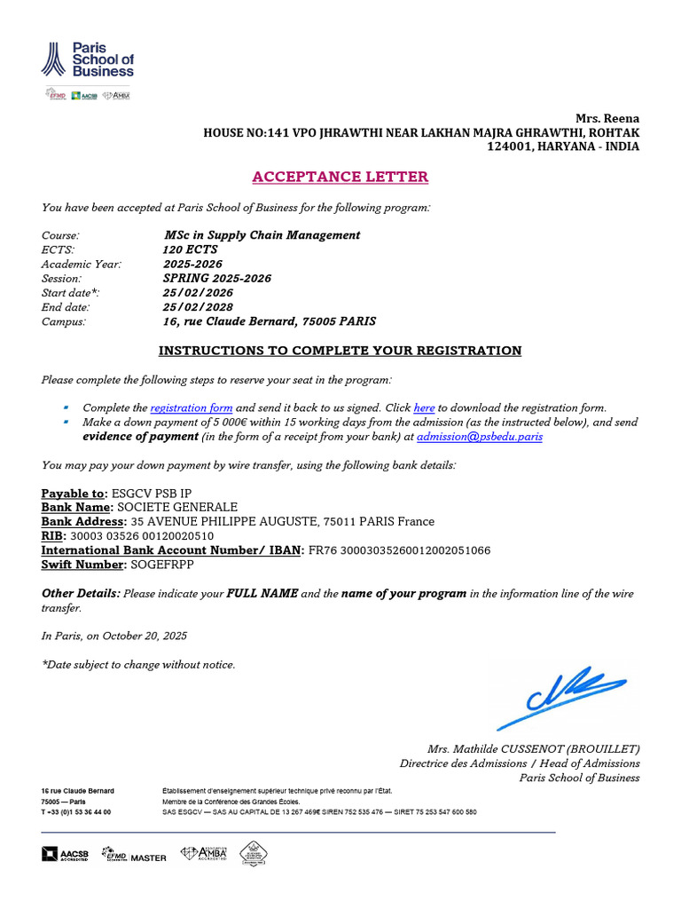 ADMISSION LETTER - XXX Reena | PDF | Travel Visa | Academic Degree