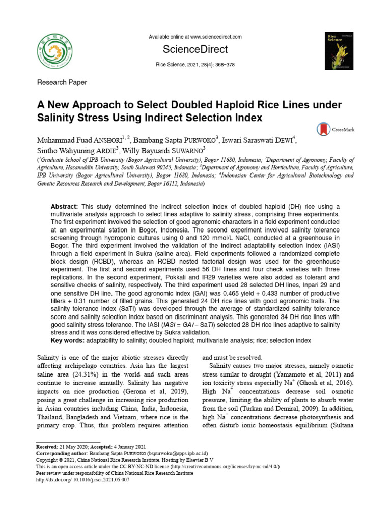 A New Approach To Select Doubled Haploid Rice Lines Under Salin - 2021 ...
