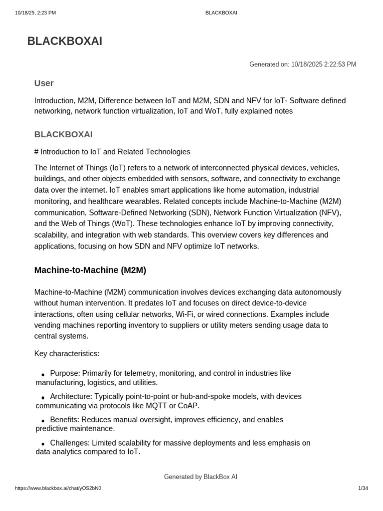 Introduction, M2M, Difference Between IoT and M2M, SDN and NFV For IoT - Software Defined ...