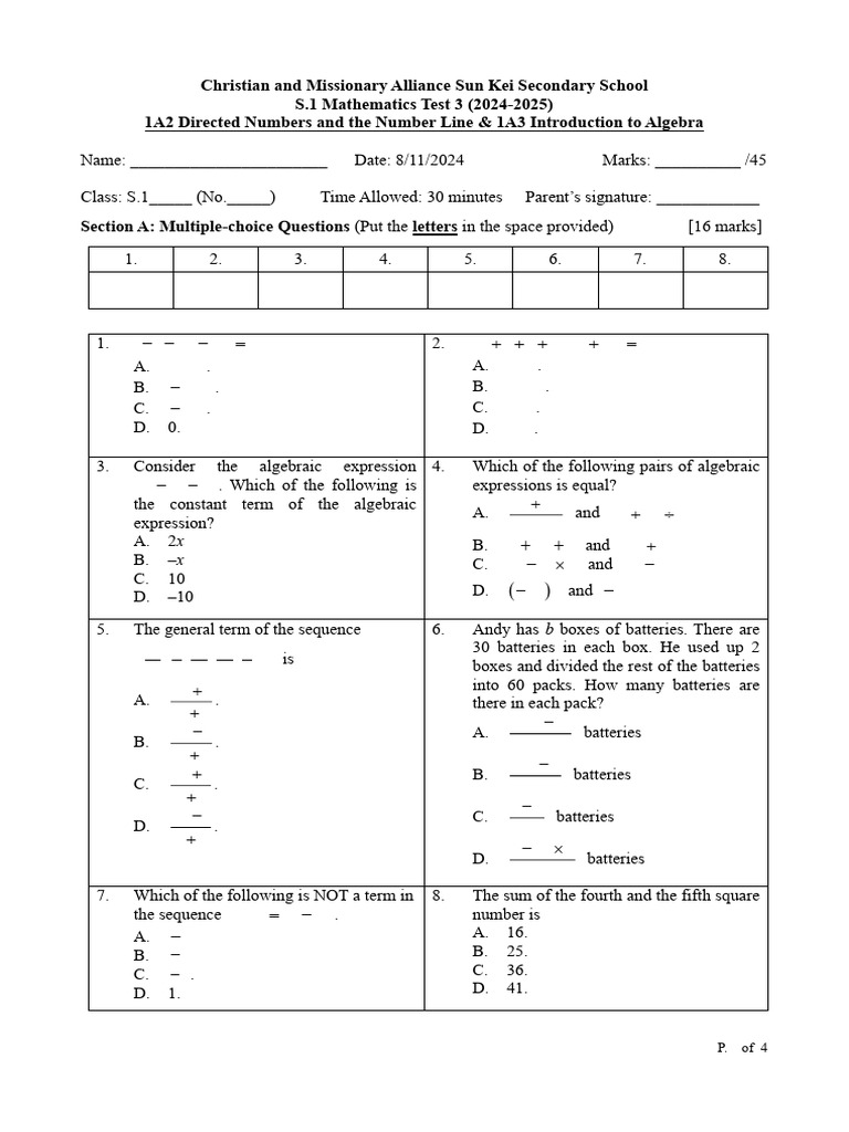 2425 Maths S1 Test 3 1A2 1A3 RS Updated | PDF | Area | Number Theory