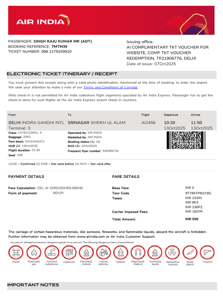 Air India Complimentary Ticket Voucher | PDF