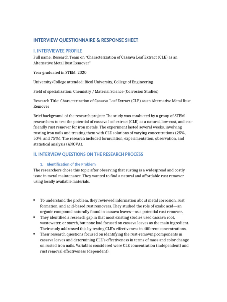 Interview Questionnaire and Response Sheet Filled | PDF | Experiment | Rust