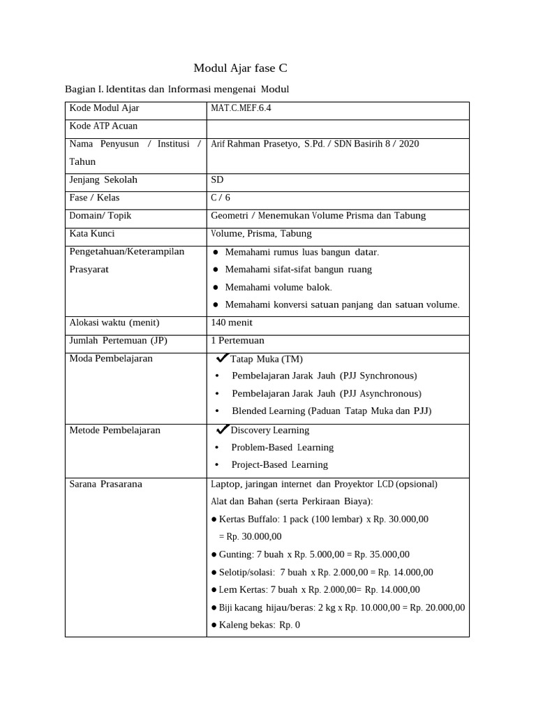 Modul Ajar Geometri: Volume Prisma & Tabung | PDF