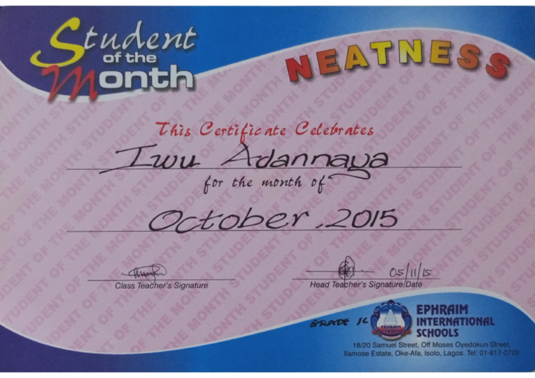 Student of The Month Neatness Award (Adanna) | PDF