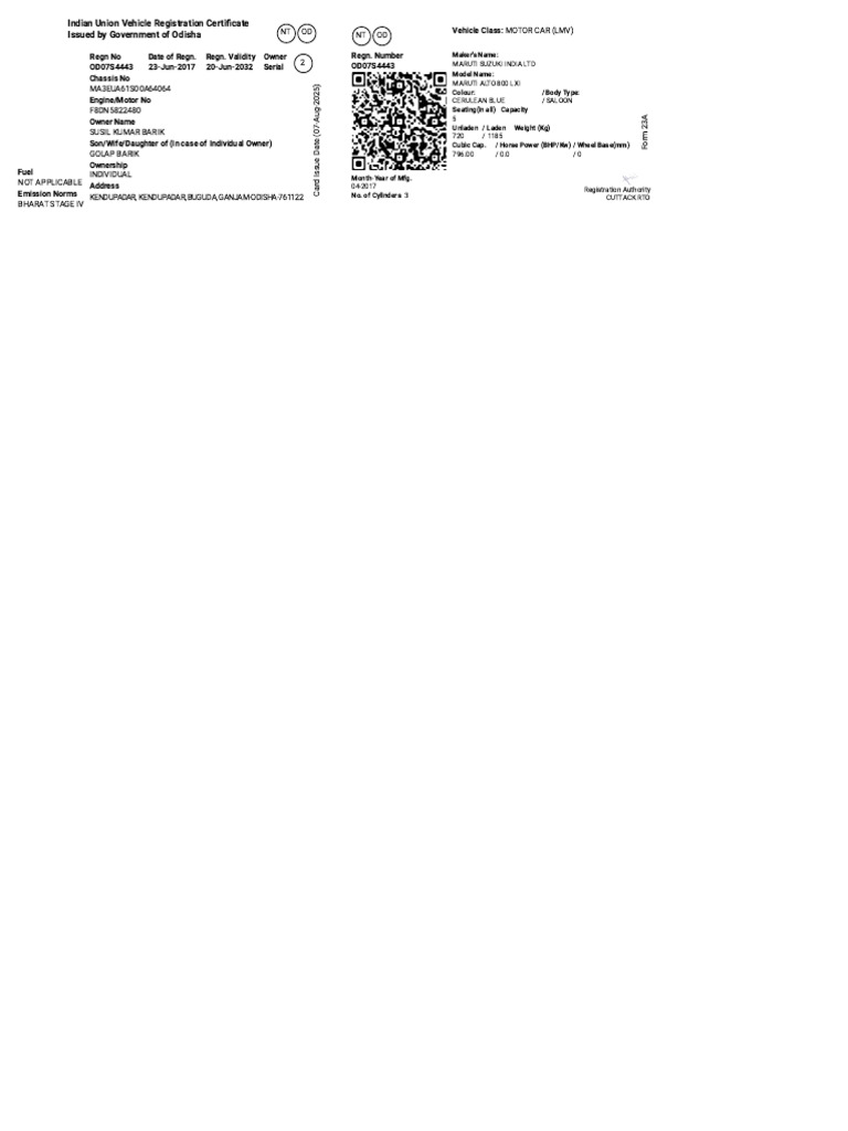 Odisha Vehicle Registration Certificate | PDF | Wheeled Vehicles | Car ...