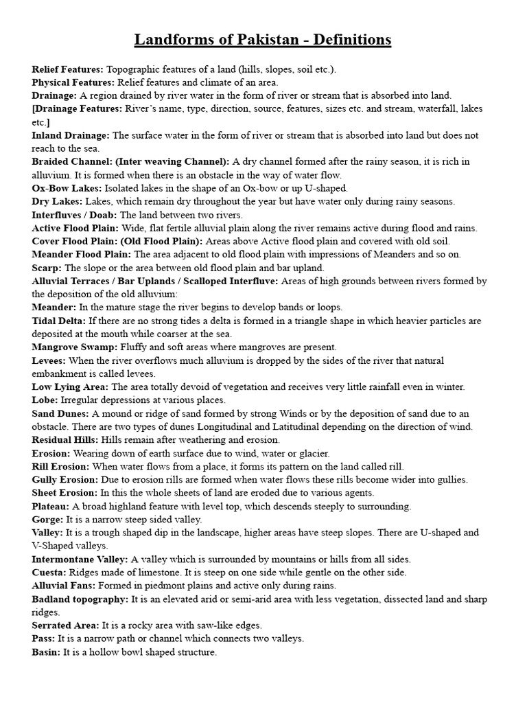 Landforms of Pakistan - Definitions | PDF | Erosion | Valley