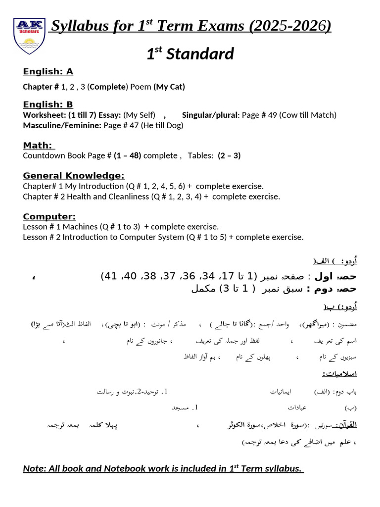 Class 1 - 1st Term Syllabus 2025-2026 | PDF