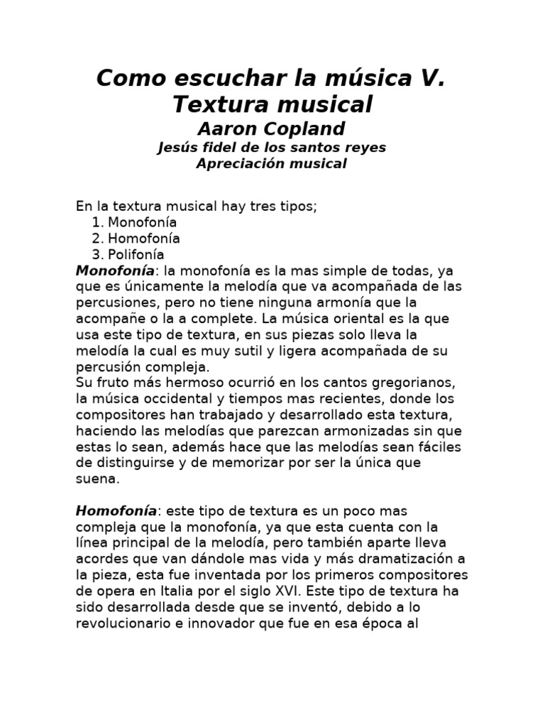 Tipos de Textura Musical: Monofonía, Homofonía y Polifonía | PDF ...