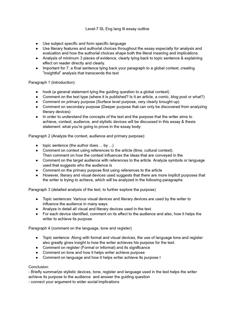 Level-7 SL Eng Lang Lit Essay Outline | PDF | Essays | Irony
