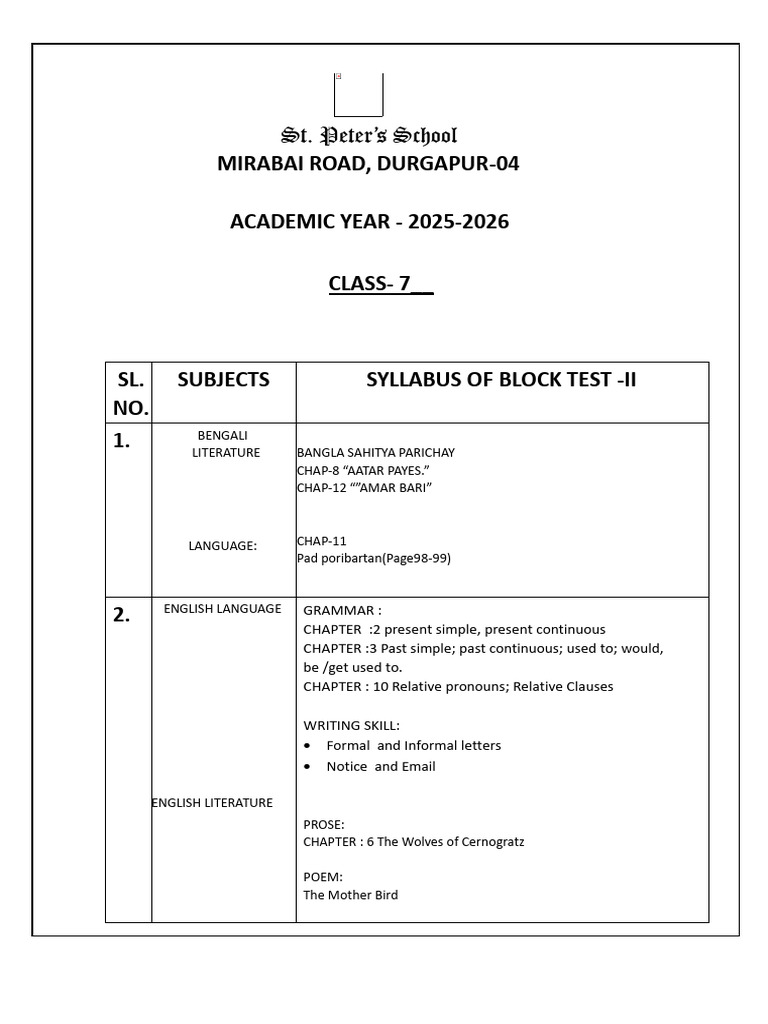 Class 7 Block Test II Syllabus 2025-26 | PDF